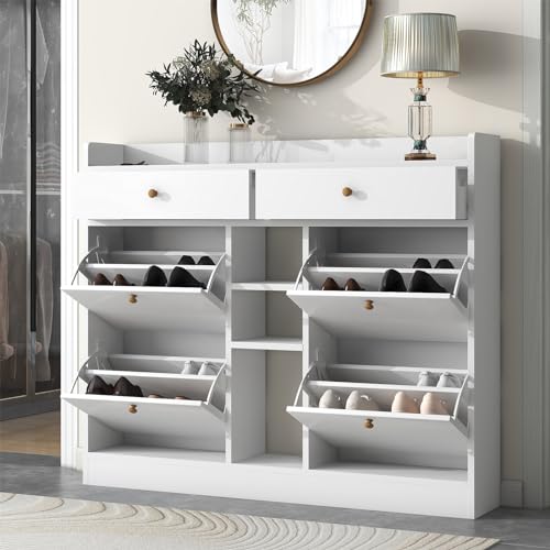 5-Tier Shoe Cabinet with Doors, Modern Shoe Storage Cabinet with Adjustable Shelves and Drawer, Freestanding Shoe Rack Organizer for Living Room Hallway Entryway, White (47.2" x 11.8" x 39.4")