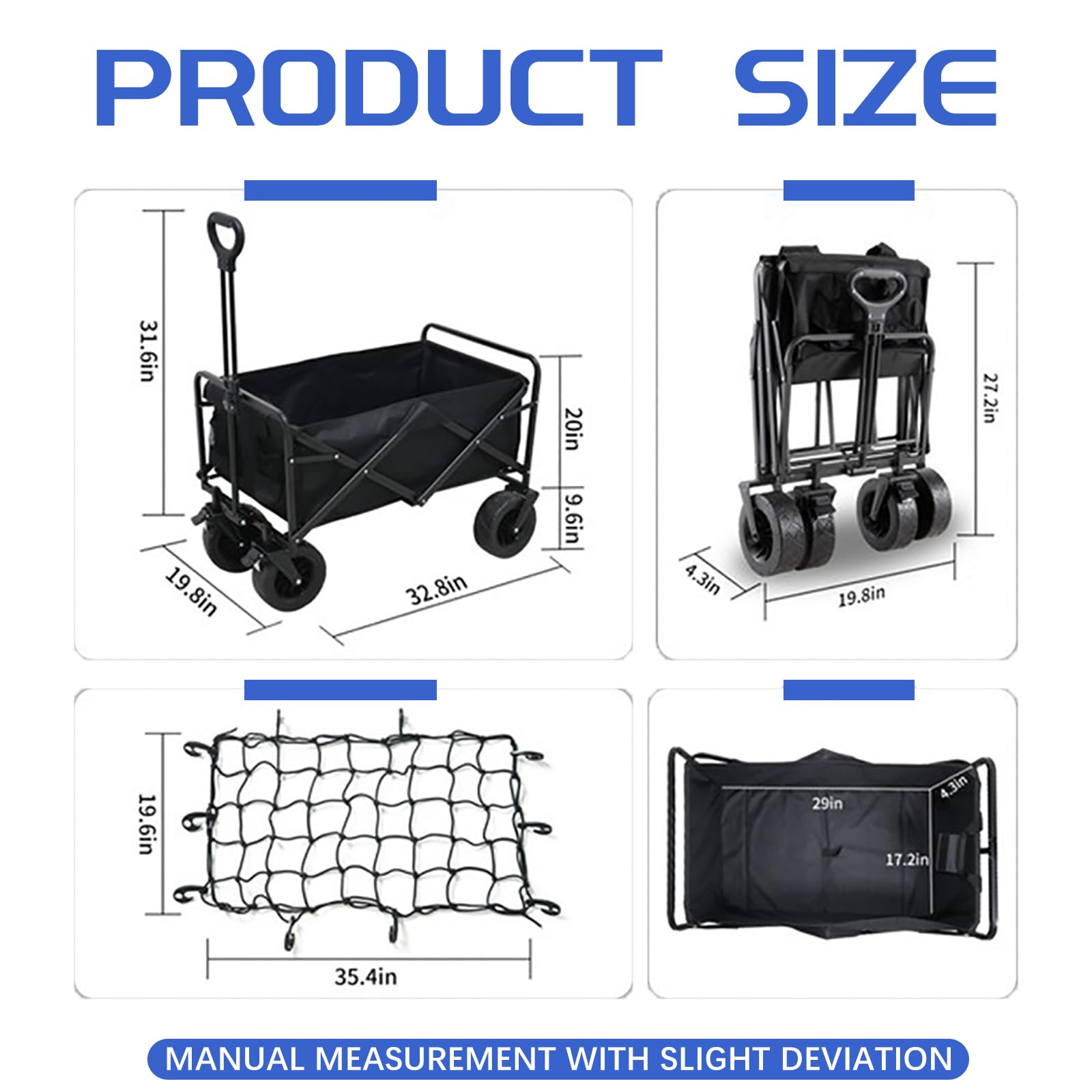 koity Heavy Duty 250 Lbs Capacity Collapsible Wagon with Cargo net, Outdoor Folding Camping Utility Cart, Adjustable Rolling Carts, All Terrain Sports Beach Wagon cart with Wheels Foldable