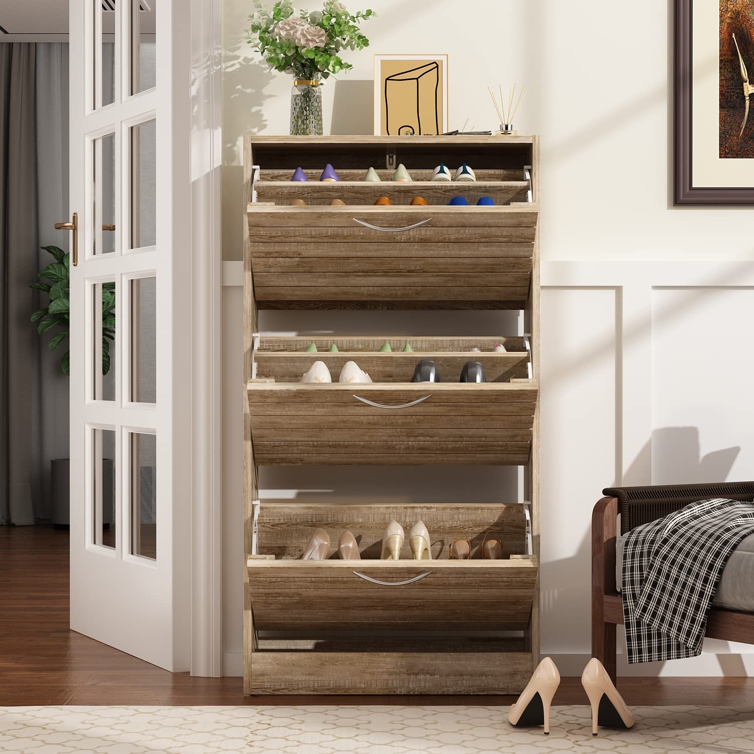 ECACAD 3-Drawer Shoe Storage Cabinet with Ventilate Doors, Wood 3-Tier Shoe Rack Storage Organizer for Entryway, Hallway, Brown (22.4”W x 9.4”D x 42.3”H)