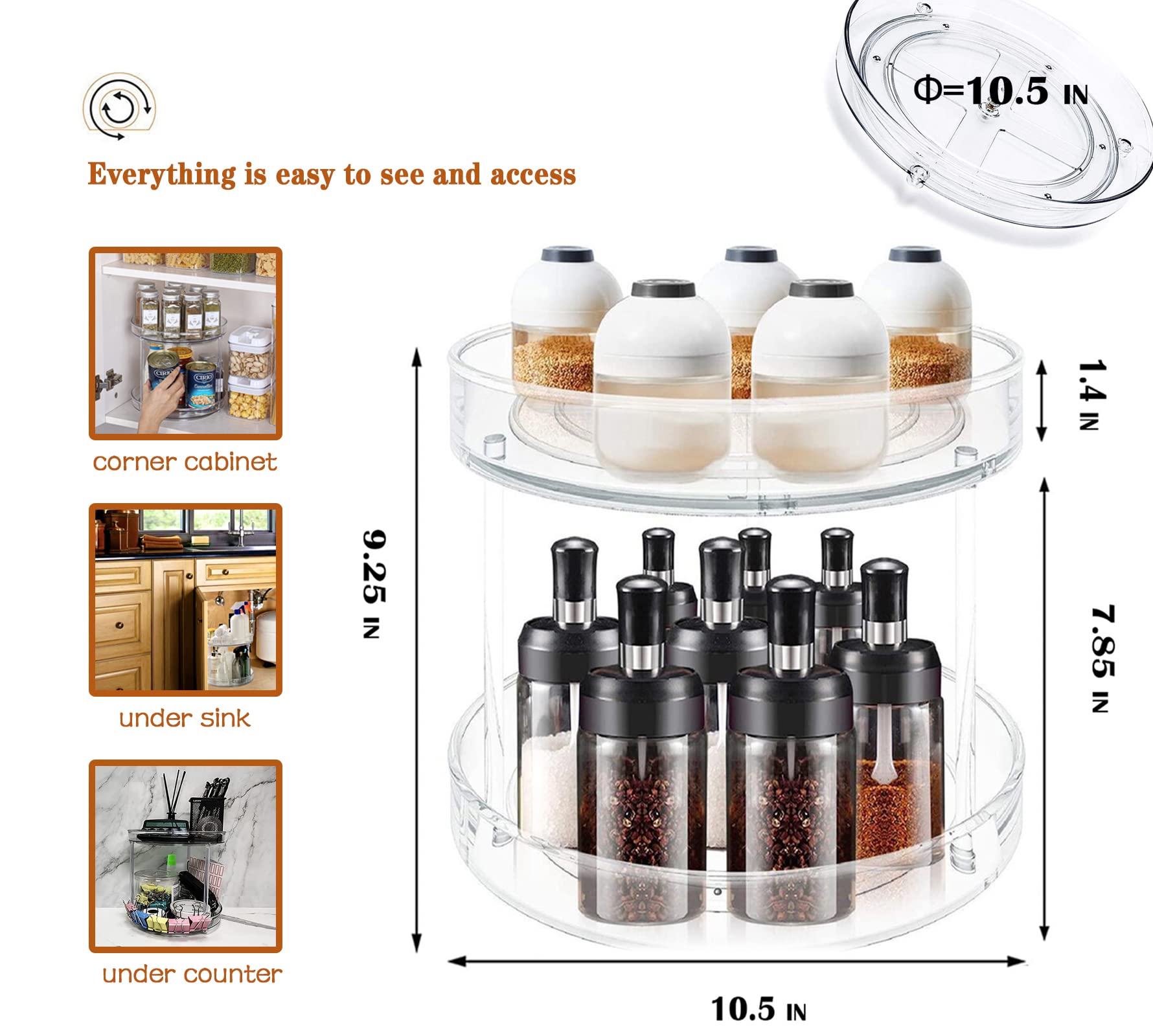 Acrylic Lazy Susan Organizer, 2 Tier Turntable for Cabinet,10.5 Inch Cleaning Supplies Organizer for Fridge Bathroom Sink Under and Storage Cabinets Kitchen Easy to Install or Separate