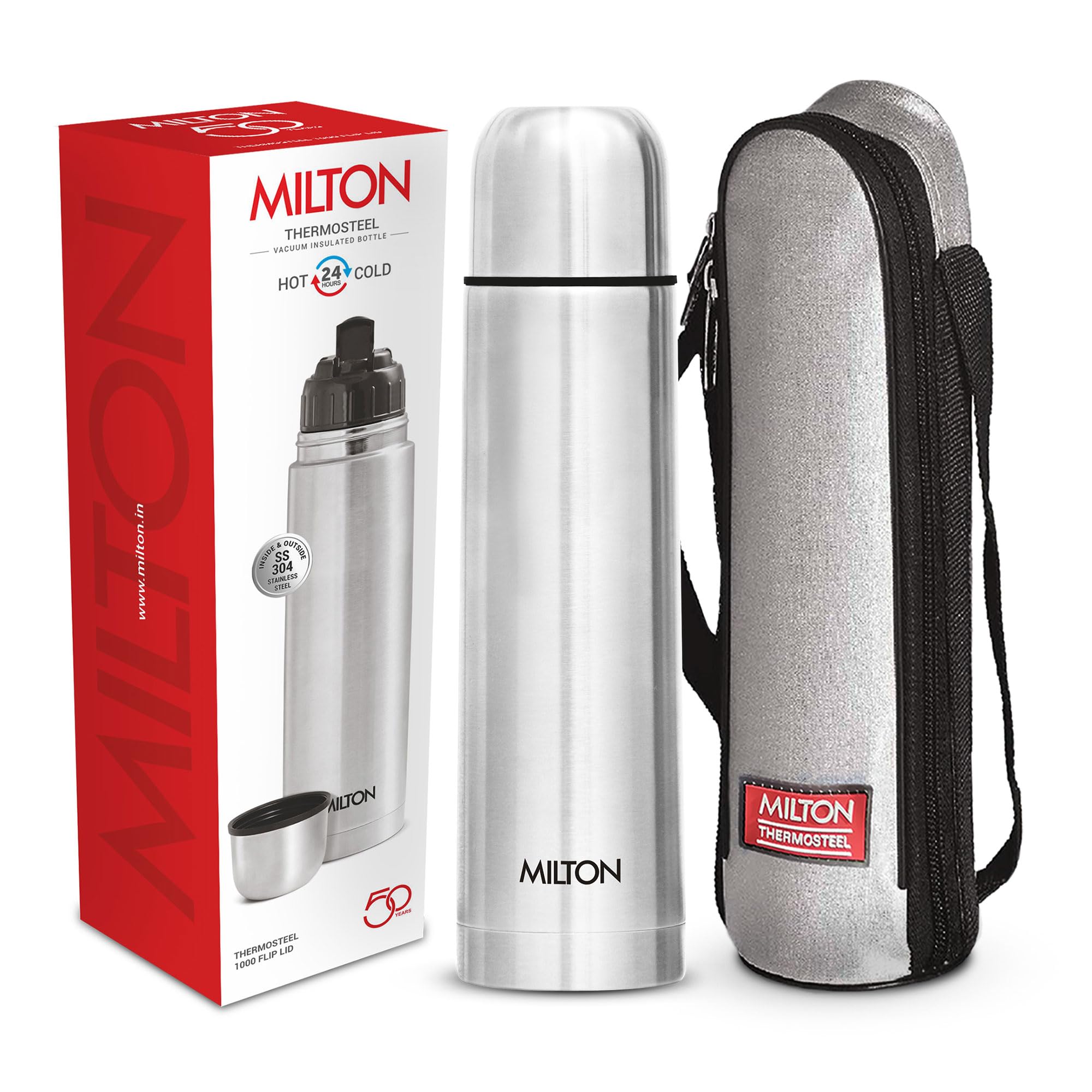 Milton Thermosteel Flip Lid Flask 1000, Double Walled Vacuum Insulated 1000 ml | 34 oz | 1 qt. | 24 Hours Hot and Cold Water Bottle with Cover, 18/8 Stainless Steel, BPA Free, Leak-Proof | Silver
