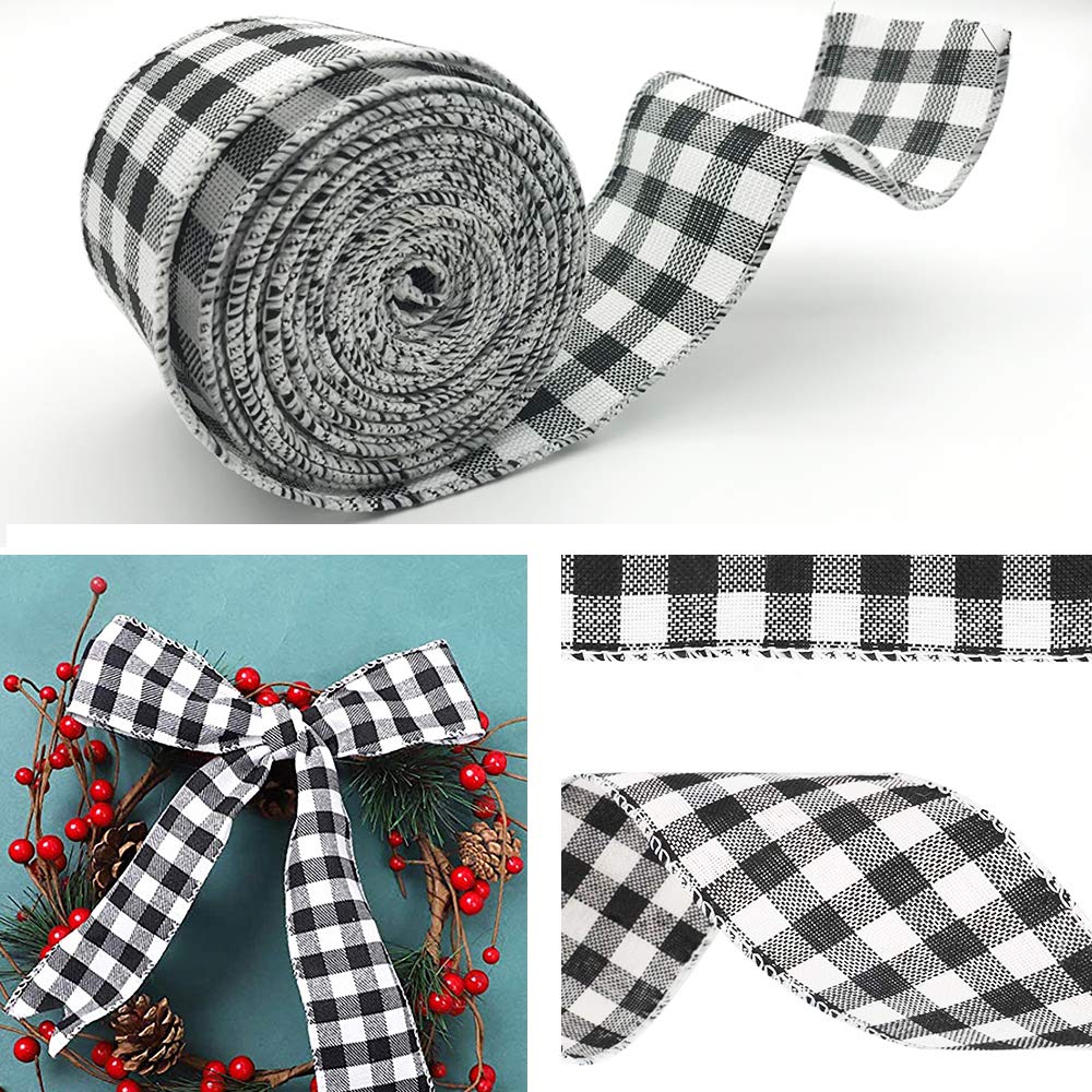 Wired Edge Burlap Ribbon 3 Rolls,30 Yards x 2.5 in Black Red Plaid Ribbon, Black White Buffalo Plaid Ribbon and Burlap Ribbon for Crafts Gift Wrapping Decoration