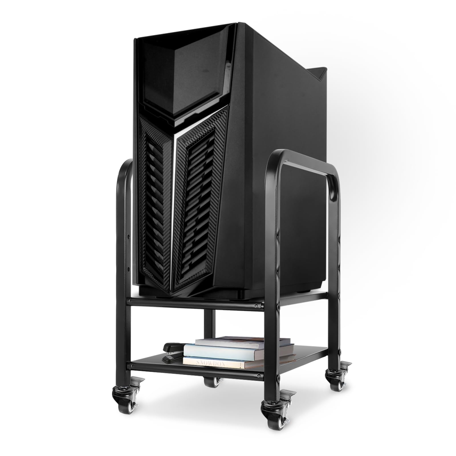 Computer Tower Stand, 360Tronics Adjustable Desktop ATX-Case CPU Holder, 2-Tier PC Rolling Stand Mobile Steel Desktop Case Stand Cart with 4 Locking Wheels for Office Home, Black