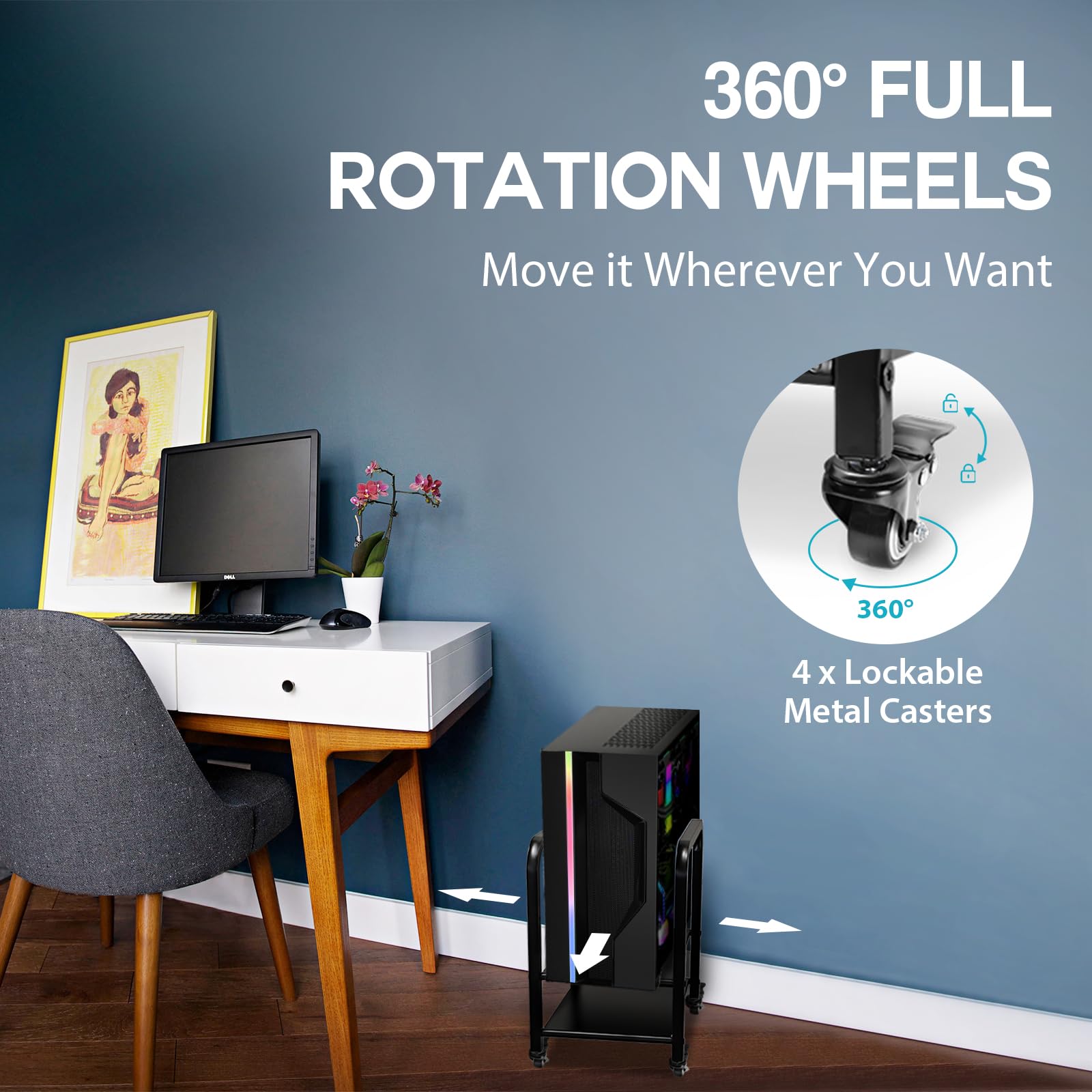 Computer Tower Stand, 360Tronics Adjustable Desktop ATX-Case CPU Holder, 2-Tier PC Rolling Stand Mobile Steel Desktop Case Stand Cart with 4 Locking Wheels for Office Home, Black