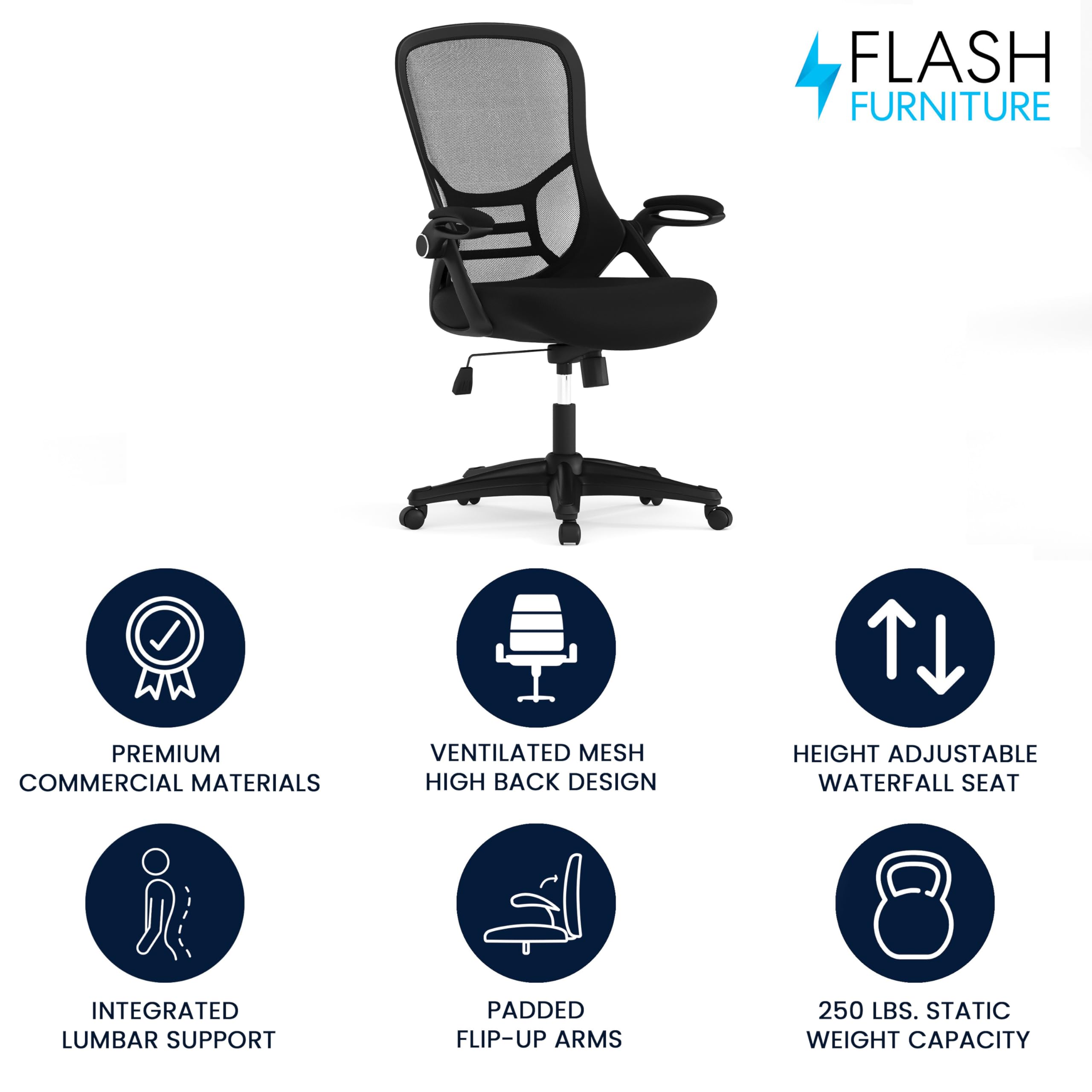 Flash Furniture High Back Black Mesh Ergonomic Swivel Office Chair with Black Frame and Flip-up Arms