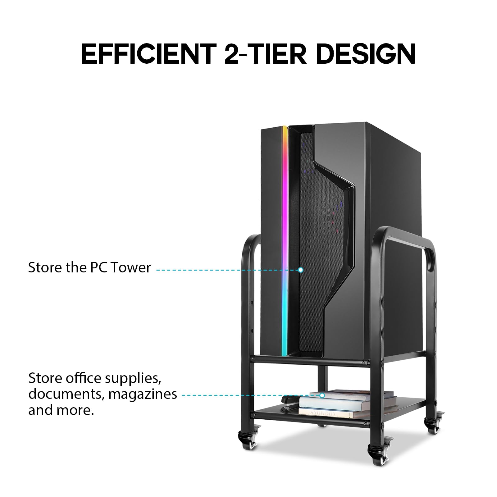 Computer Tower Stand, 360Tronics Adjustable Desktop ATX-Case CPU Holder, 2-Tier PC Rolling Stand Mobile Steel Desktop Case Stand Cart with 4 Locking Wheels for Office Home, Black