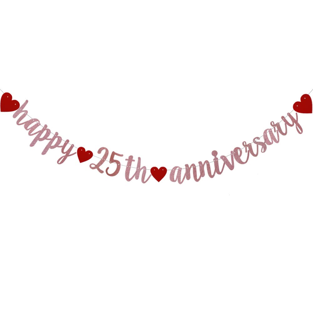 Happy 25th Anniversary Banner, Pre-Strung,Rose Gold Glitter Paper Garlands for 25th Wedding Anniversary Party Decorations Supplies, No Assembly Required,(Rose Gold) SUNbetterland