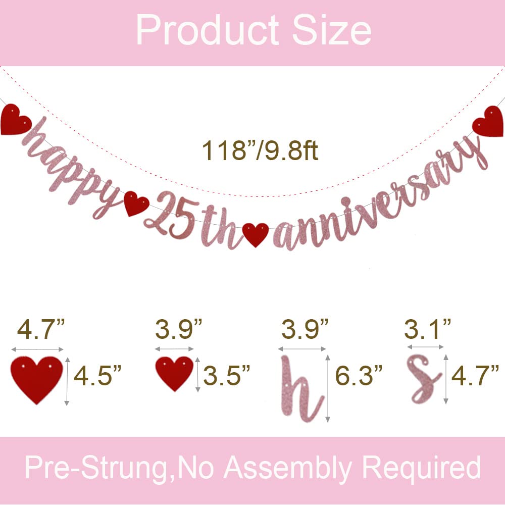 Happy 25th Anniversary Banner, Pre-Strung,Rose Gold Glitter Paper Garlands for 25th Wedding Anniversary Party Decorations Supplies, No Assembly Required,(Rose Gold) SUNbetterland