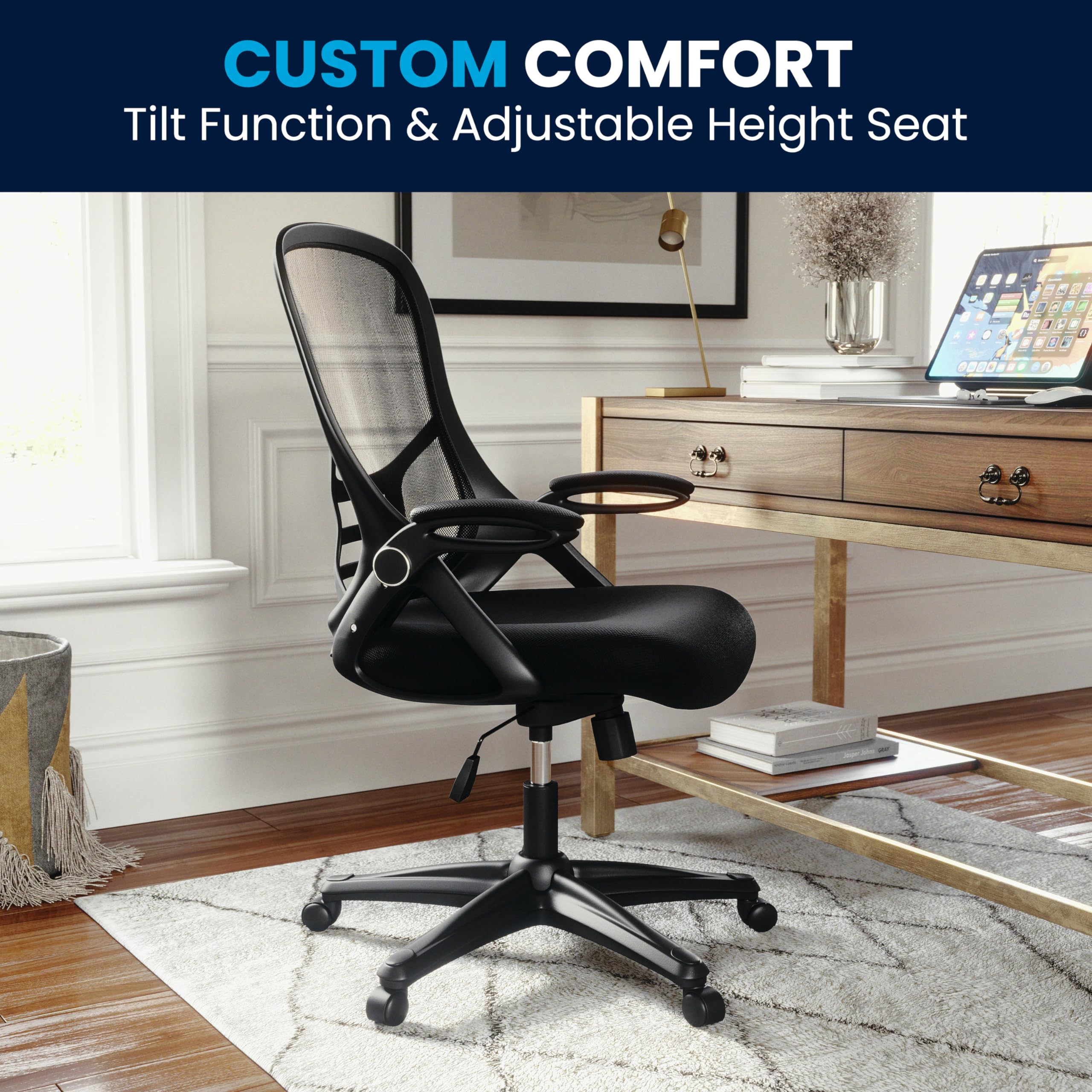 Flash Furniture High Back Black Mesh Ergonomic Swivel Office Chair with Black Frame and Flip-up Arms