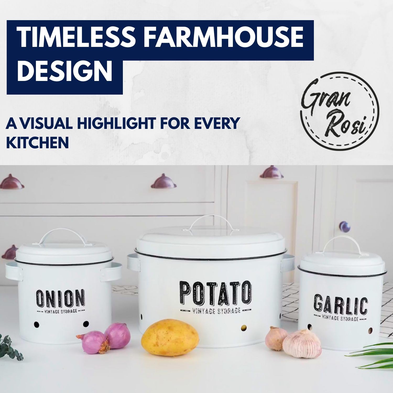 Granrosi Potato Storage For Pantry, Canister Sets for the Kitchen Counter, Onion Storage Containers, Garlic Keeper For Counter, Potato and Onion Storage Bin, Onion Keeper, Potato Bin, Potatoes Storage