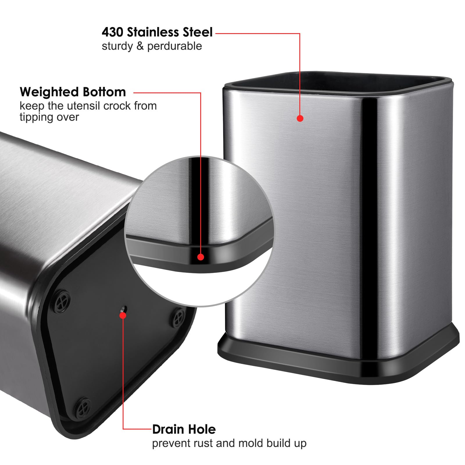 RedCall Stainless Steel Kitchen Utensil Holder for Countertop,Large Cooking Utensils Organizer for Spatula Spoon,Weighted Base Modern Rectangular Utensil Caddy Counter,Utensil Crock Silver