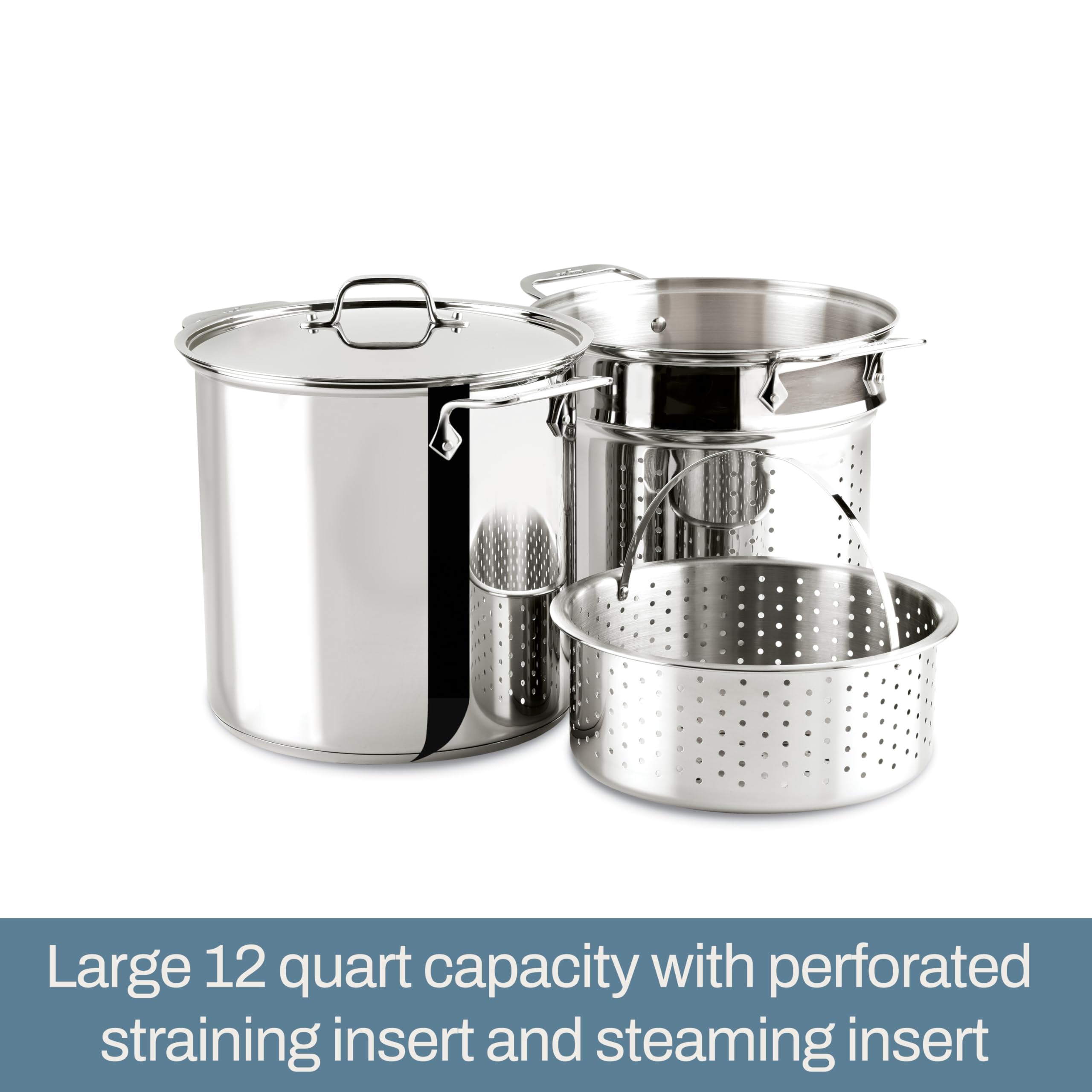 All-Clad Gourmet Accessories Stainless Steel Multi-Pot with Perforated, Steamer Insert, & Lid, 12 Quart, Silver