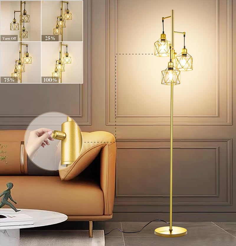Decorative Gold Floor Lamp,3-Light Farmhouse Floor Lamps for Living Room with Smooth Dimmable ( Adjust Brightness Nightlight ), Modern Style Standing Tall Lamp of Diamond Cage - Bulb Included