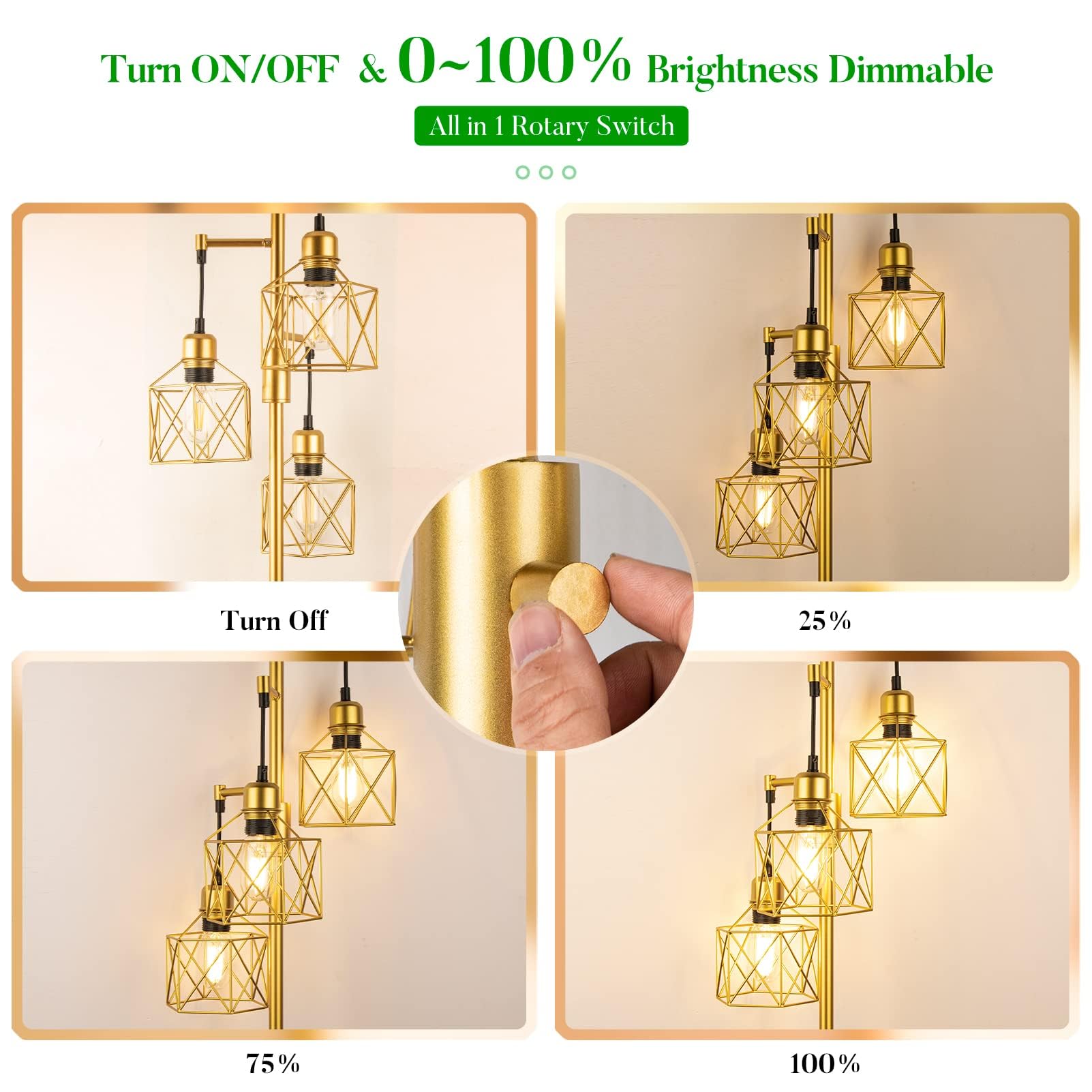 Decorative Gold Floor Lamp,3-Light Farmhouse Floor Lamps for Living Room with Smooth Dimmable ( Adjust Brightness Nightlight ), Modern Style Standing Tall Lamp of Diamond Cage - Bulb Included
