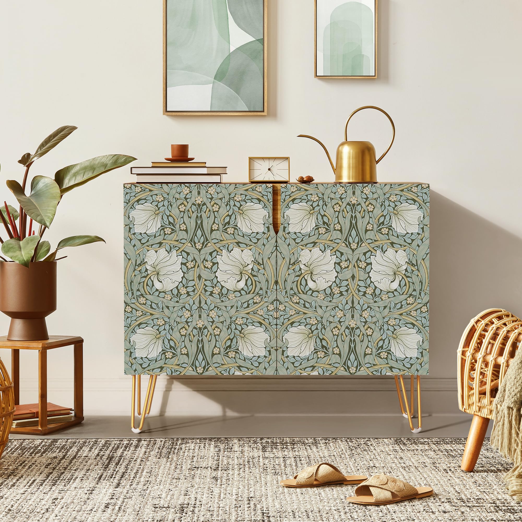 SIGNWIN Sideboard Buffet Cabinet, Kitchen Storage Cabinet with 2 Doors, Geometric Arch Palm Leaf Landscape, Cupboard Console Table for Dining Room- 35" L x 18" W x 29" H