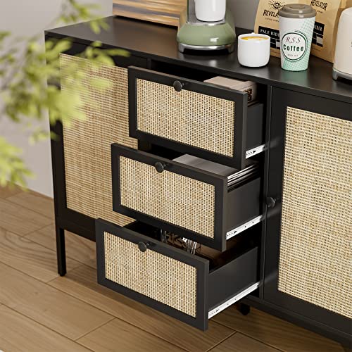 IKIFLY Rattan Sideboard Buffet Cabinet, Boho Rattan Storage Cabinet with 3 Drawers and 2 Doors, Accent Console Table Cabinet for Living Room, Kitchen, Dining Room, Entryway - Black