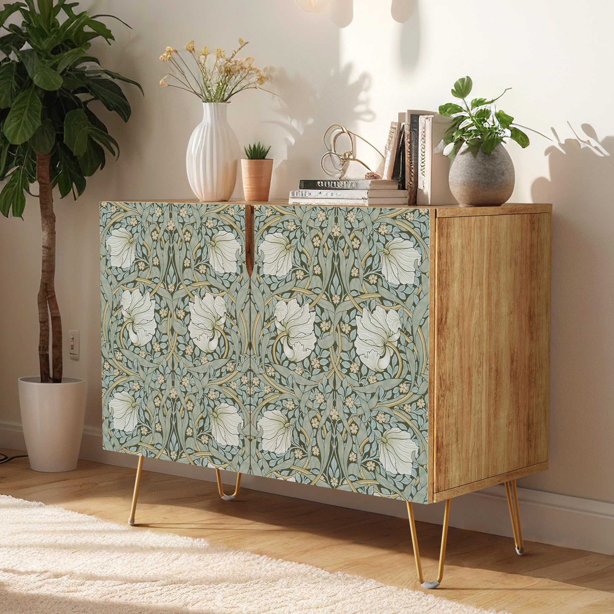 SIGNWIN Sideboard Buffet Cabinet, Kitchen Storage Cabinet with 2 Doors, Geometric Arch Palm Leaf Landscape, Cupboard Console Table for Dining Room- 35" L x 18" W x 29" H