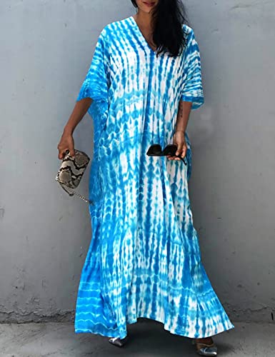 AILUNSNIKA Plus Size Caftans for Women Tie Dye Bikini Bathing Suit Cover Ups Casual Batwing Sleeve Kaftan Dress
