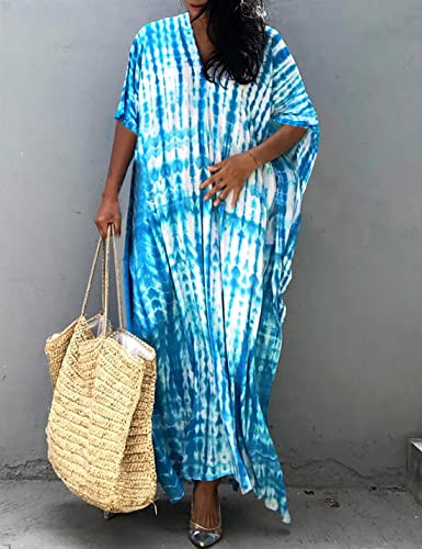 AILUNSNIKA Plus Size Caftans for Women Tie Dye Bikini Bathing Suit Cover Ups Casual Batwing Sleeve Kaftan Dress