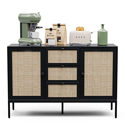 IKIFLY Rattan Sideboard Buffet Cabinet, Boho Rattan Storage Cabinet with 3 Drawers and 2 Doors, Accent Console Table Cabinet for Living Room, Kitchen, Dining Room, Entryway - Black