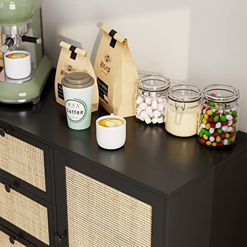 IKIFLY Rattan Sideboard Buffet Cabinet, Boho Rattan Storage Cabinet with 3 Drawers and 2 Doors, Accent Console Table Cabinet for Living Room, Kitchen, Dining Room, Entryway - Black