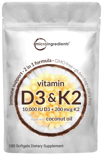 Vitamin D3 10000 iu Plus K2 (MK-7) 200 mcg, 180 Virgin Coconut Oil Softgels| 2 in 1 Vitamins D & K Complex | Supports Calcium Absorption, Bone, Immune, & Heart Health – Easy to Swallow