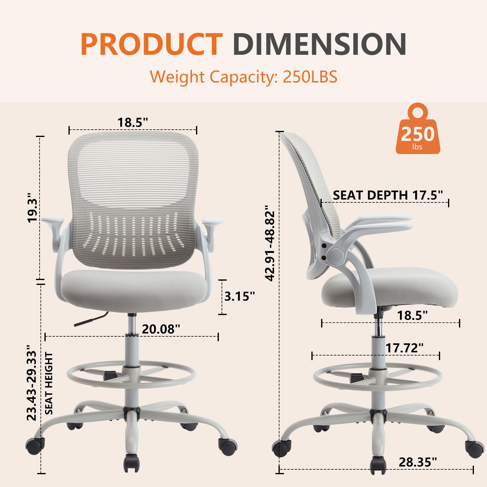 Drafting Chair, Tall Office Chair Tall Standing Desk Chair Counter Height Adjustable Office Chair for Standing Desk, Mid-back Mesh Drafting Chair with Flip-up Arms, Foot-ring, Wheels, Grey