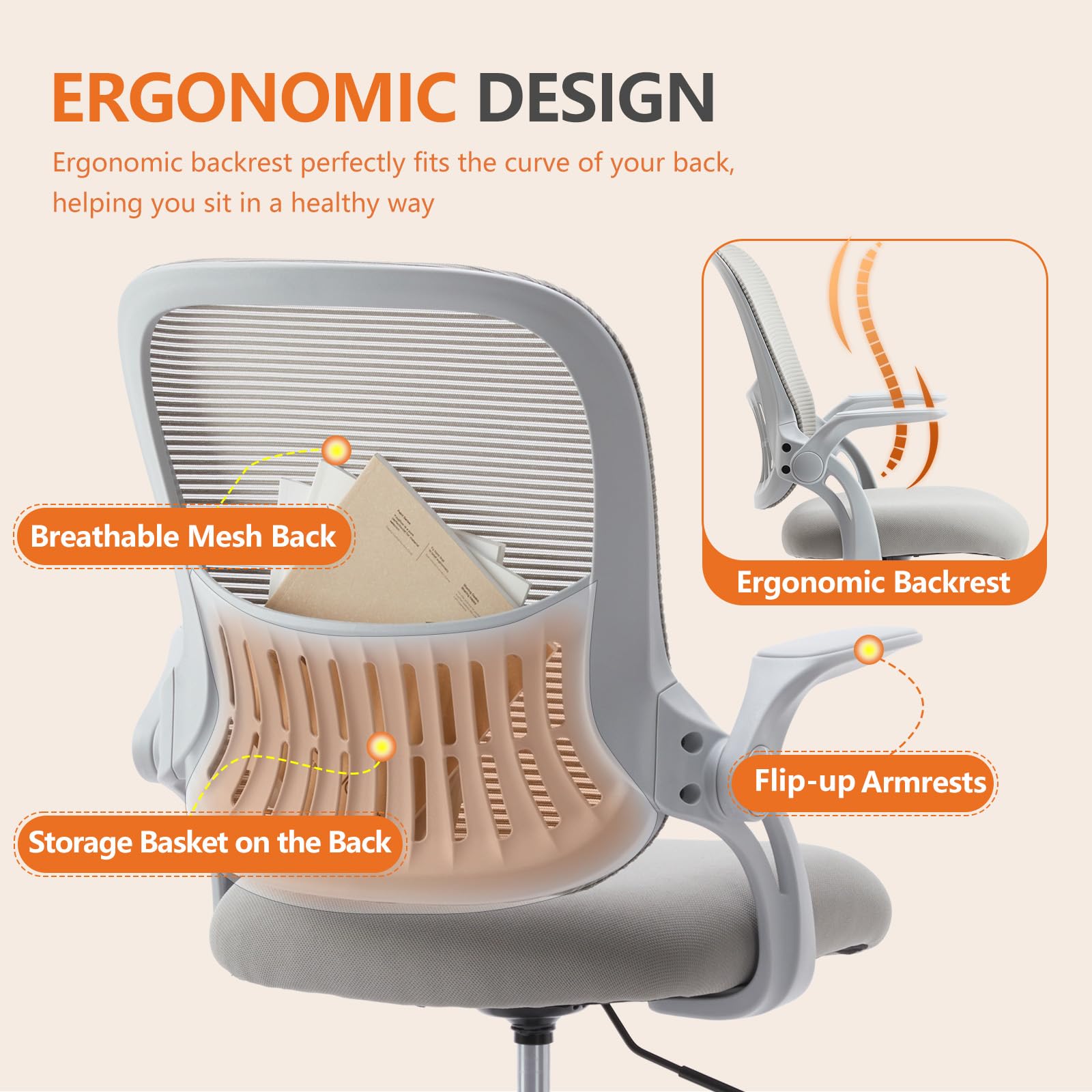 Drafting Chair, Tall Office Chair Tall Standing Desk Chair Counter Height Adjustable Office Chair for Standing Desk, Mid-back Mesh Drafting Chair with Flip-up Arms, Foot-ring, Wheels, Grey