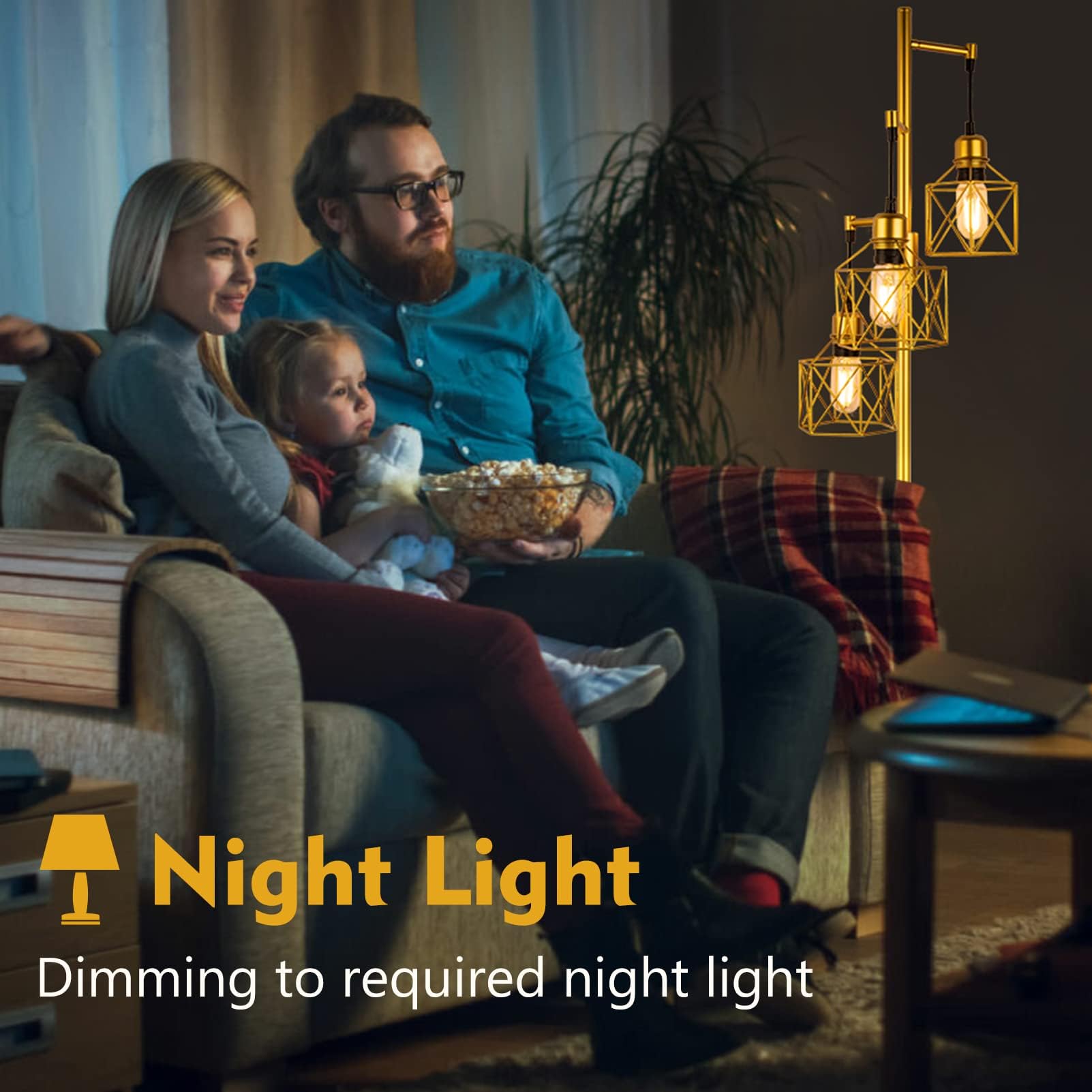 Decorative Gold Floor Lamp,3-Light Farmhouse Floor Lamps for Living Room with Smooth Dimmable ( Adjust Brightness Nightlight ), Modern Style Standing Tall Lamp of Diamond Cage - Bulb Included