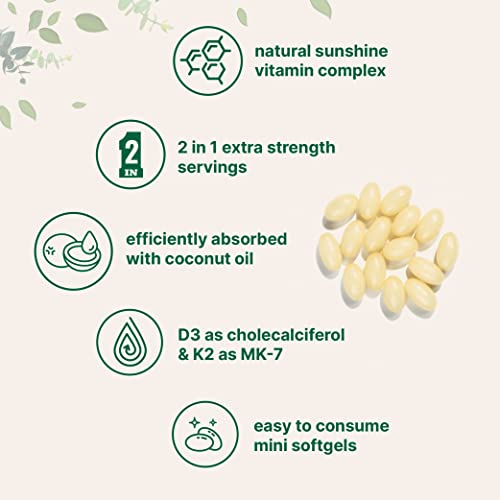 Vitamin D3 10000 iu Plus K2 (MK-7) 200 mcg, 180 Virgin Coconut Oil Softgels| 2 in 1 Vitamins D & K Complex | Supports Calcium Absorption, Bone, Immune, & Heart Health – Easy to Swallow