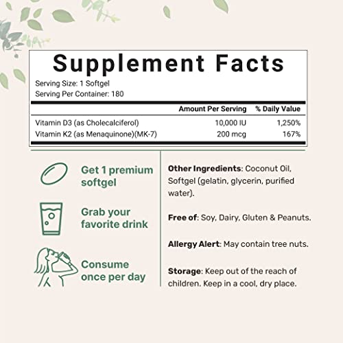 Vitamin D3 10000 iu Plus K2 (MK-7) 200 mcg, 180 Virgin Coconut Oil Softgels| 2 in 1 Vitamins D & K Complex | Supports Calcium Absorption, Bone, Immune, & Heart Health – Easy to Swallow