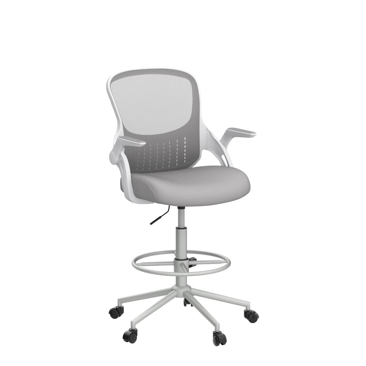 Drafting Chair, Tall Office Chair Tall Standing Desk Chair Counter Height Adjustable Office Chair for Standing Desk, Mid-back Mesh Drafting Chair with Flip-up Arms, Foot-ring, Wheels, Grey