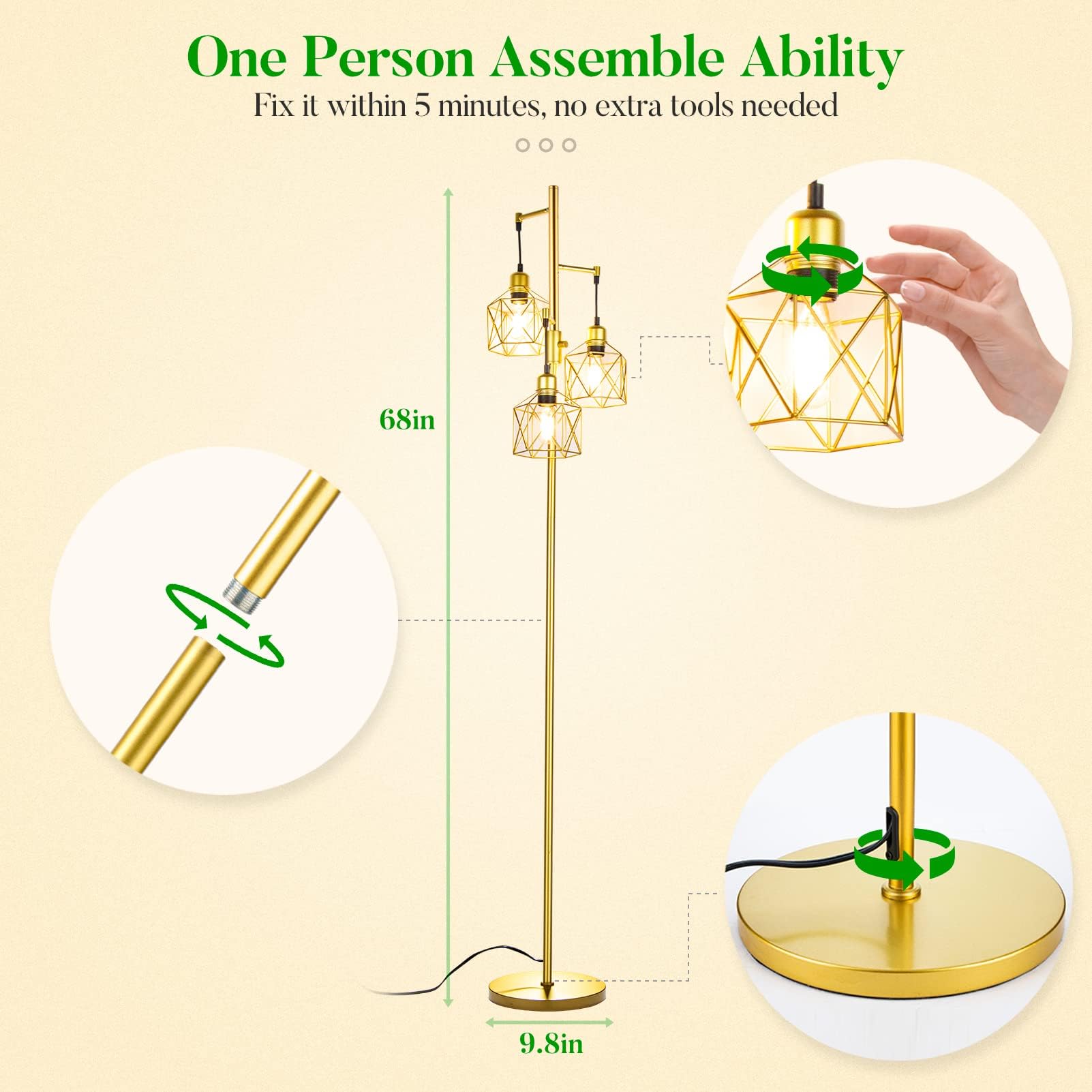 Decorative Gold Floor Lamp,3-Light Farmhouse Floor Lamps for Living Room with Smooth Dimmable ( Adjust Brightness Nightlight ), Modern Style Standing Tall Lamp of Diamond Cage - Bulb Included