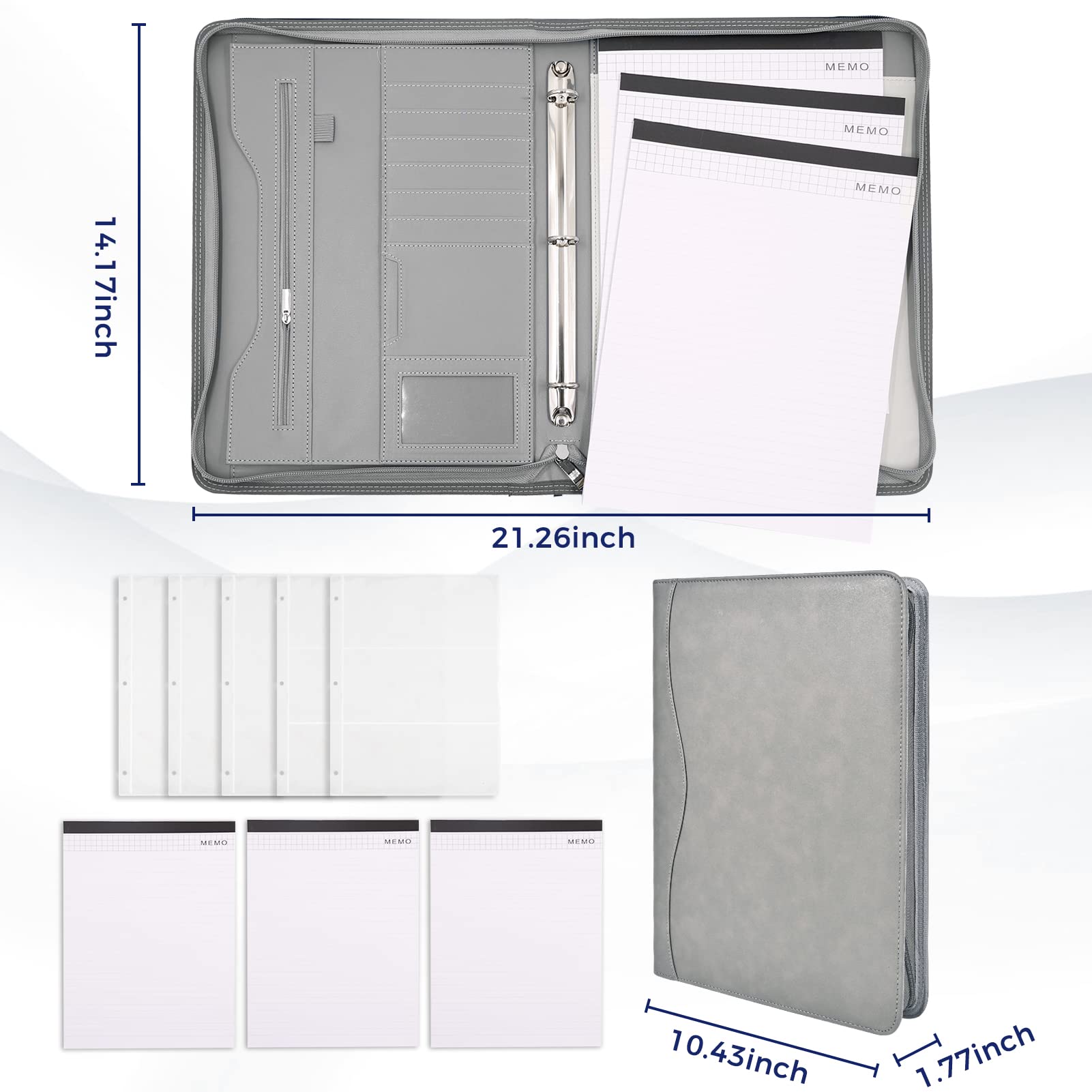Sbrinnaliao 3-Ring Padfolio Portfolio Binder Organizer,PU Leather Folder Binder Business Planner Notebook Zippered Portfolio for Women/Men with Document Sleeve,Letter/A4 Size Clipboard