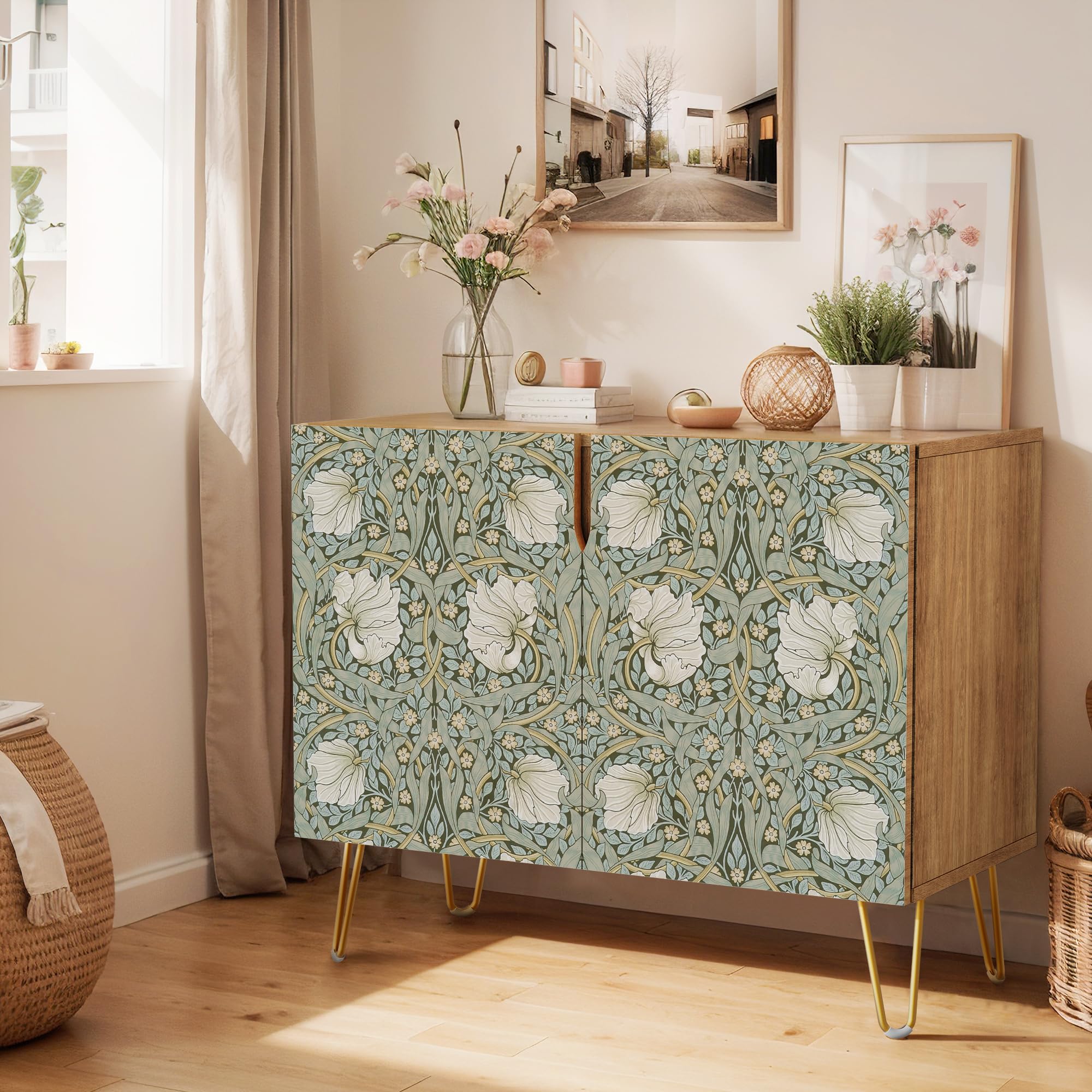 SIGNWIN Sideboard Buffet Cabinet, Kitchen Storage Cabinet with 2 Doors, Geometric Arch Palm Leaf Landscape, Cupboard Console Table for Dining Room- 35" L x 18" W x 29" H