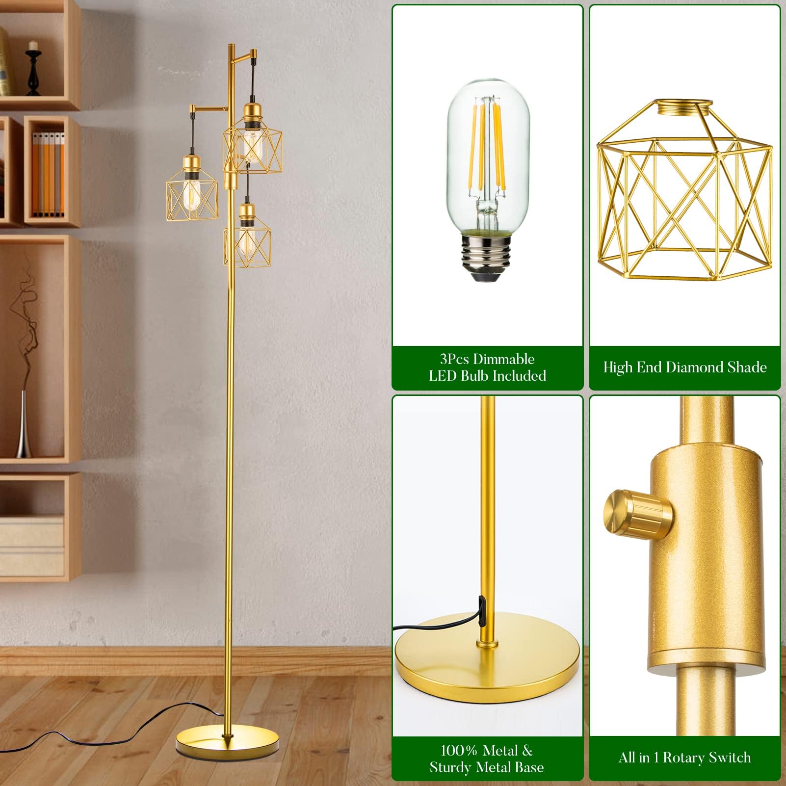 Decorative Gold Floor Lamp,3-Light Farmhouse Floor Lamps for Living Room with Smooth Dimmable ( Adjust Brightness Nightlight ), Modern Style Standing Tall Lamp of Diamond Cage - Bulb Included