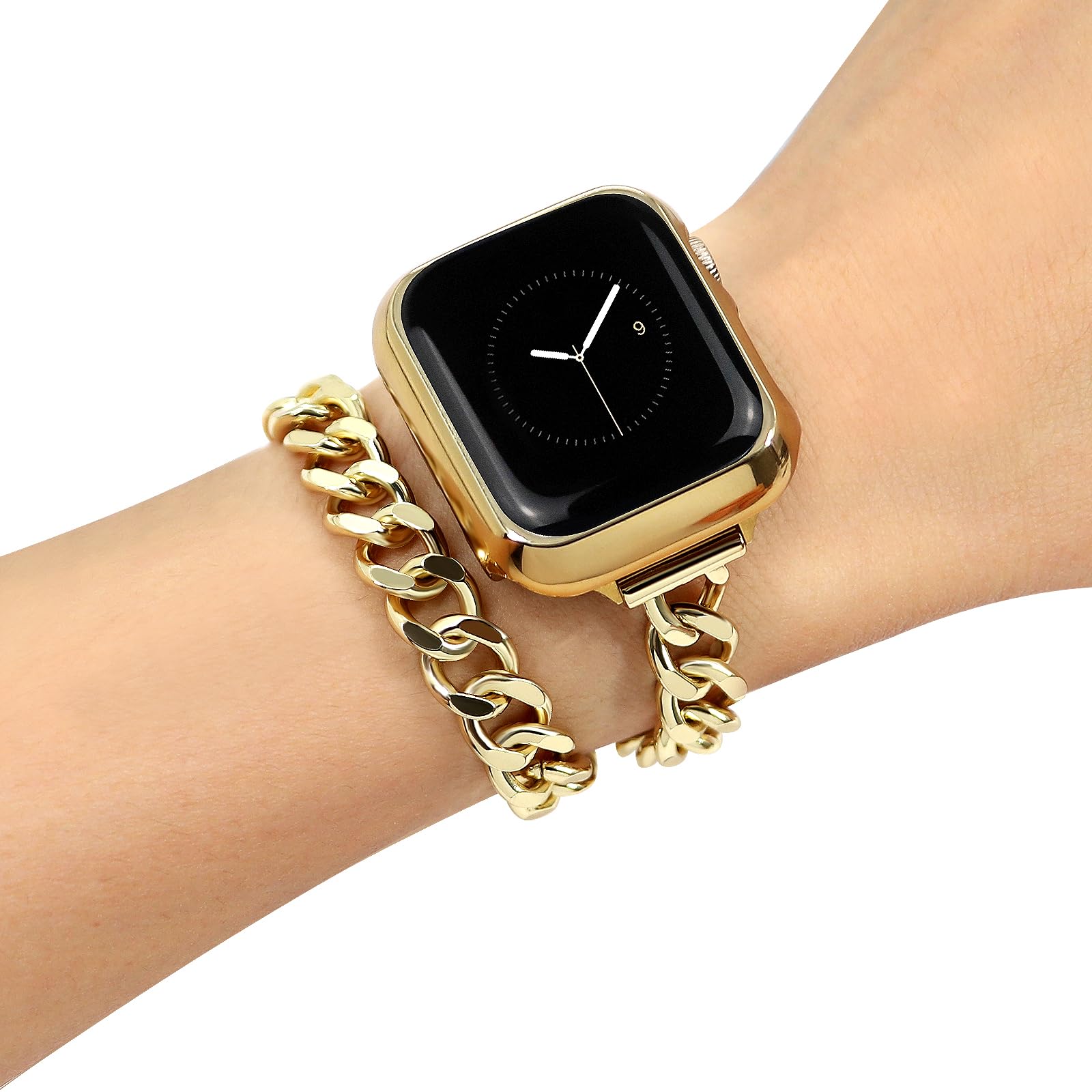 JR.DM Gold Watch Bands for Women Compatible with Apple Watch Band 42mm 44mm 45mm Adjustment Metal Band Cowboy Steel Chain Bracelet for iWatch Series 9/8/7/6/5/4/3/2/1/SE/Ultra (No Case)