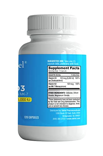 Safrel Vitamin K2 (MK7) 120 MCG and D3 5000 IU Supplement per Capsule, Supports Calcium Absorption for Bone, Immune and Heart Health, Easy to Swallow K2 and D3, Non-GMO, 120 Count