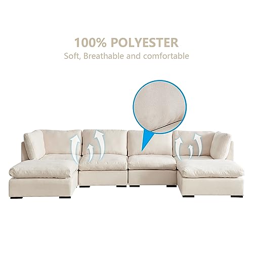 YUNLife&Home Free Combination Modular Sectional Sofa with Reversible Chaise,Down Filled Upholstered U-Shaped 6-Seat Corner Couch w/Moveable Ottoman,Comfy Oversized Sofá for Living Room