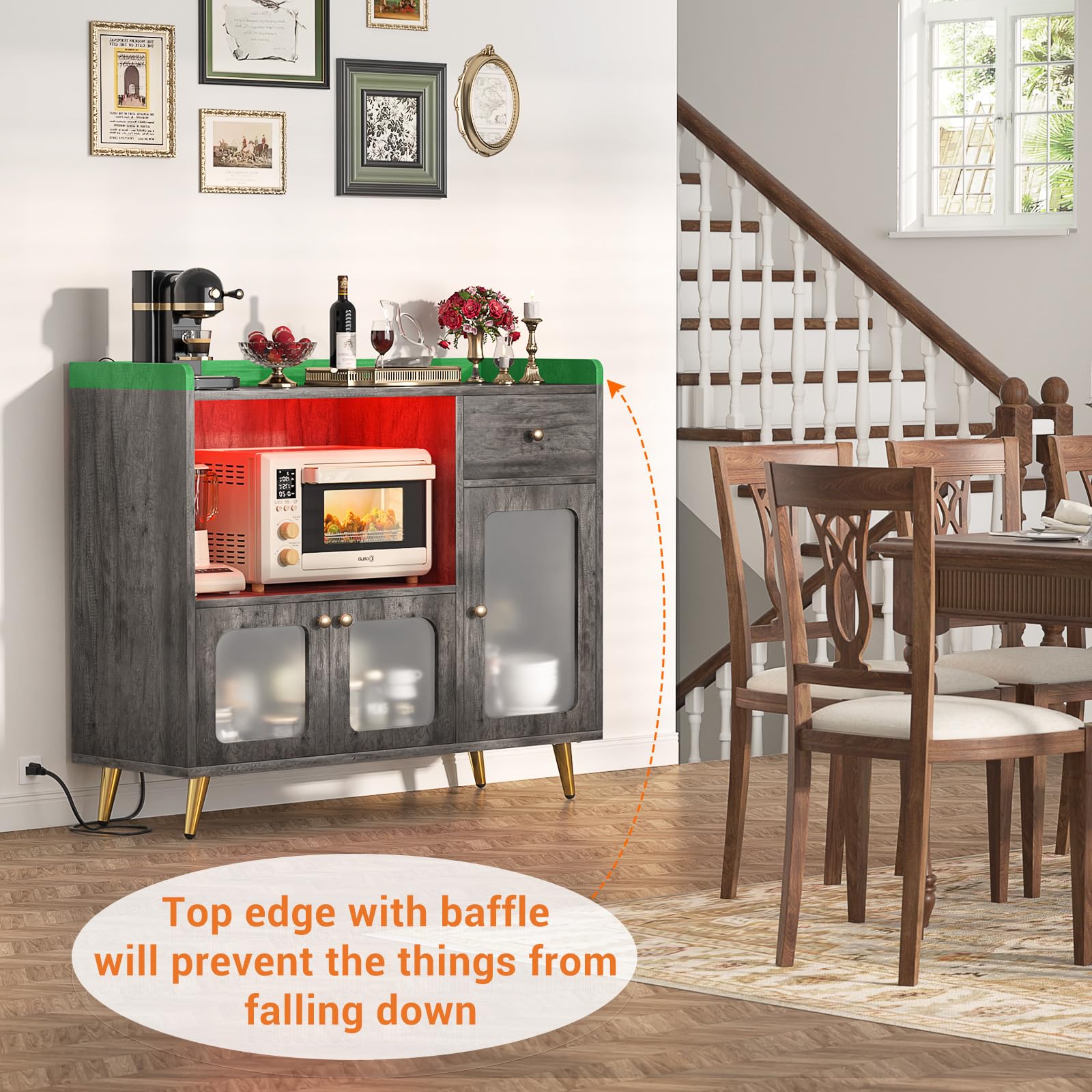 Cyclysio Sideboard Buffet Cabinet with Power Outlet, Kitchen Cabinet with LED Lights, Large Bar Cart Accent Buffet Cabinet with Door for Bedroom, Living Room, Kitchen, Hallway, Grey