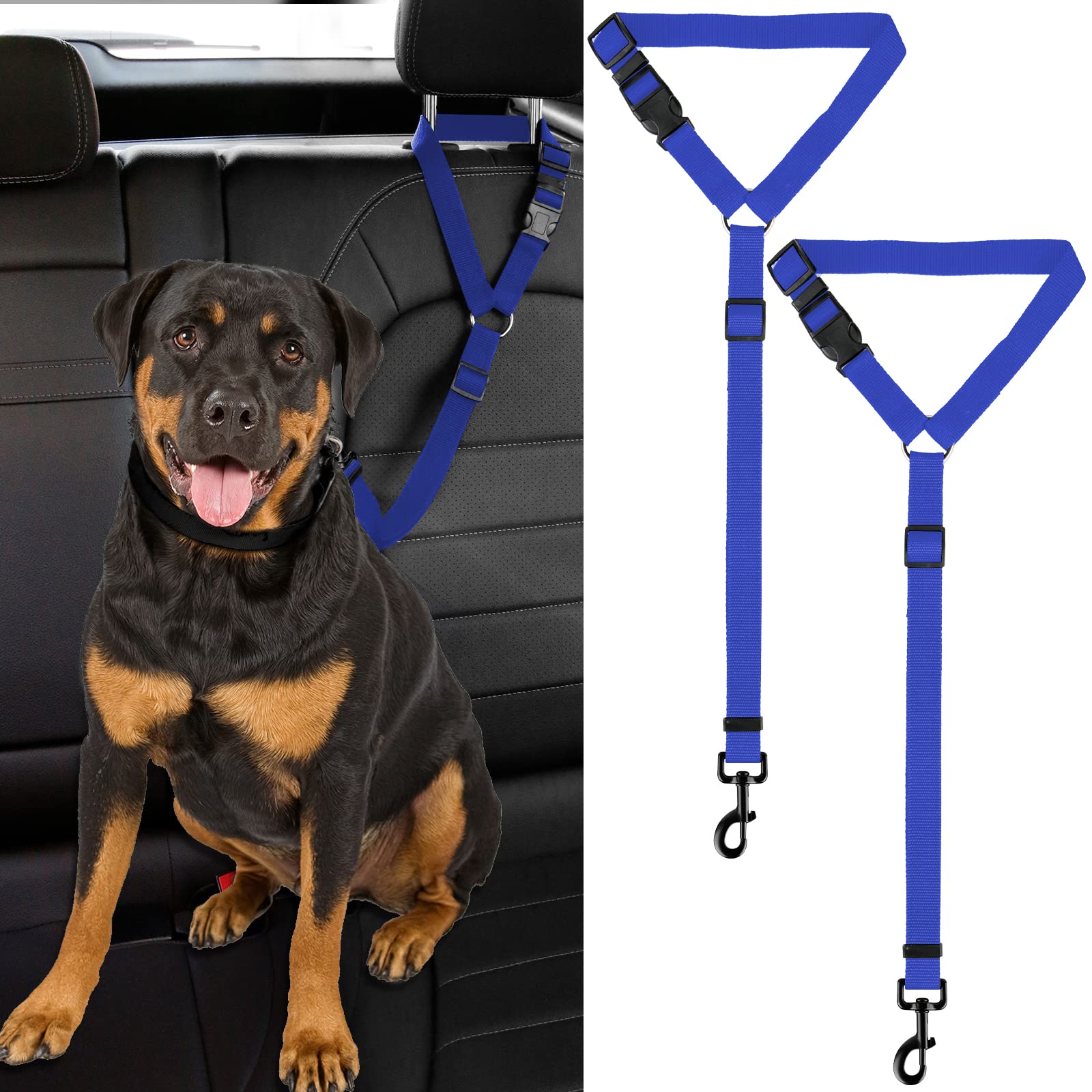 Dog Cat Safety Seat Belt Strap Car Headrest Restraint Adjustable Nylon Fabric Dog Restraints Vehicle Seatbelts Harness (Blue)