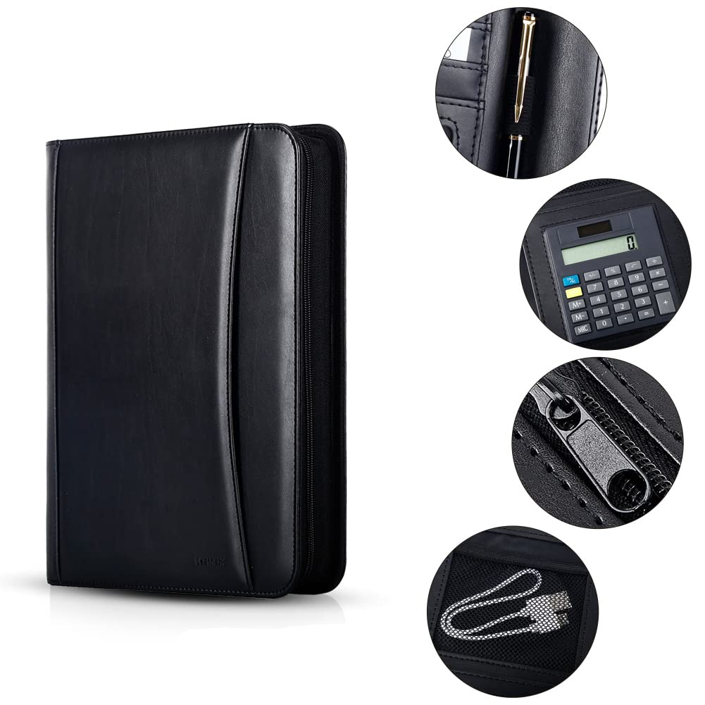 Eshow Leather Portfolio Professional Business Padfolio with Zipper - Interview Resume Notefolio Premium Legal Document Organizer with Card Holder, Writing Pad and File Folders for Men and Women