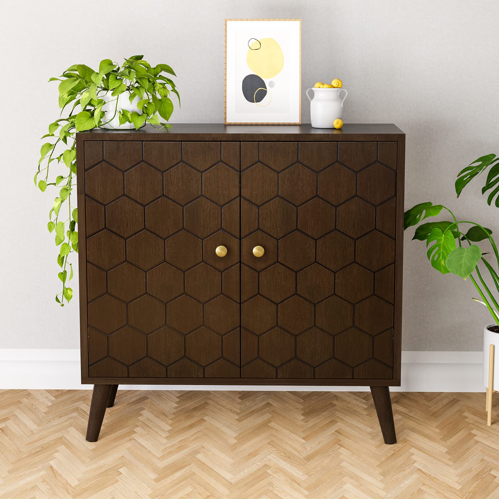 HOMPUS Accent Cabinet with Doors and Shelves, Storage Cabinet with Honeycomb Pattern Doors, Modern Vintage Buffet and Sideboards Coffee Bar for Living Room, Kitchen, Walnut