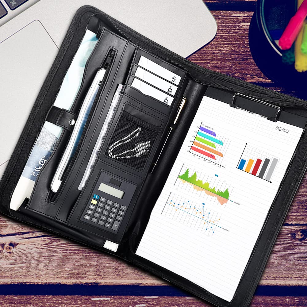 Eshow Leather Portfolio Professional Business Padfolio with Zipper - Interview Resume Notefolio Premium Legal Document Organizer with Card Holder, Writing Pad and File Folders for Men and Women