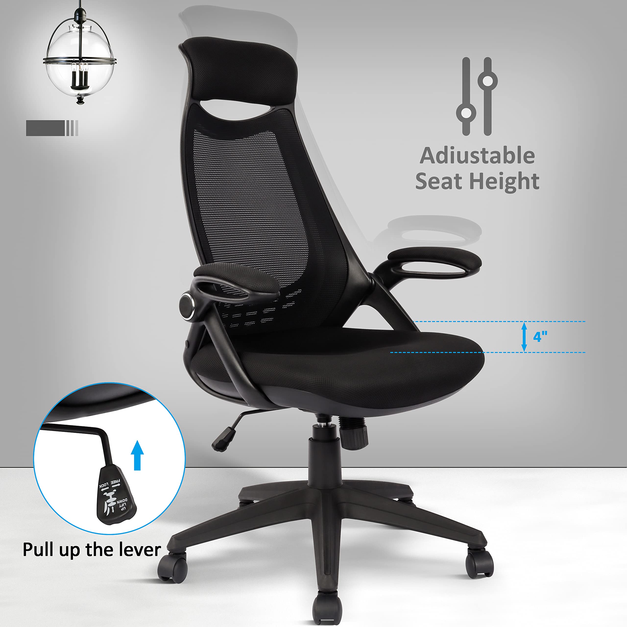 HYLONE Office Desk Chair Ergonomic, Mesh Computer Chair with Headrest, Flip Up Arms, Lumbar Support, Height Adjustable (Black)