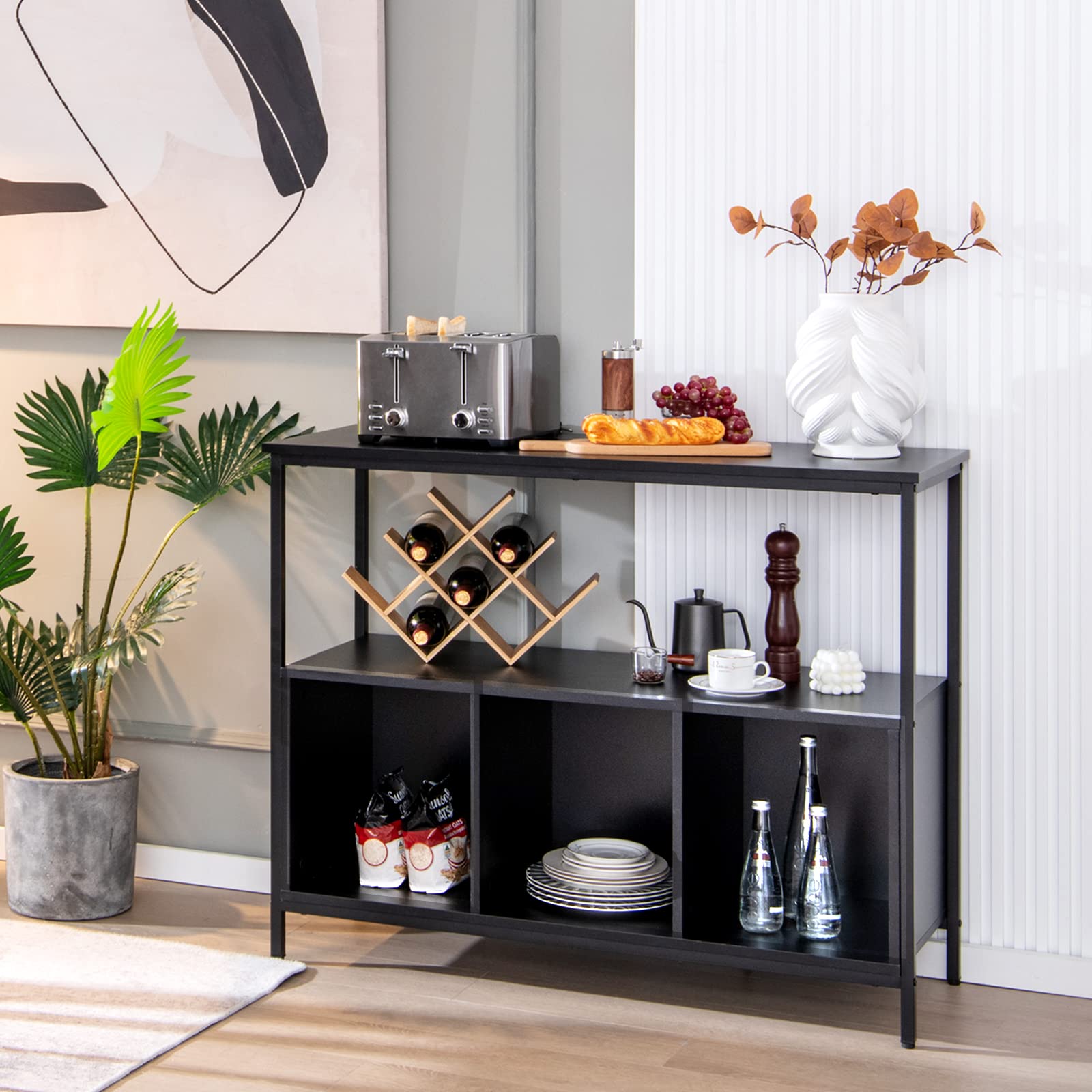 Giantex Buffet Sideboard, Wooden Cupboard, Kitchen Pantry w/Spacious Countertop, Large Open Shelf, 3 Cube Storage Cabinet, Sturdy Rustproof Steel Frame, Modern Stationary Island, Black