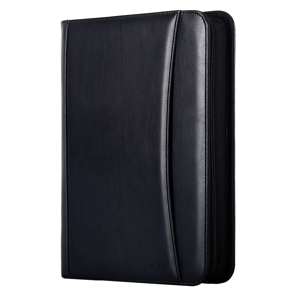 Eshow Leather Portfolio Professional Business Padfolio with Zipper - Interview Resume Notefolio Premium Legal Document Organizer with Card Holder, Writing Pad and File Folders for Men and Women