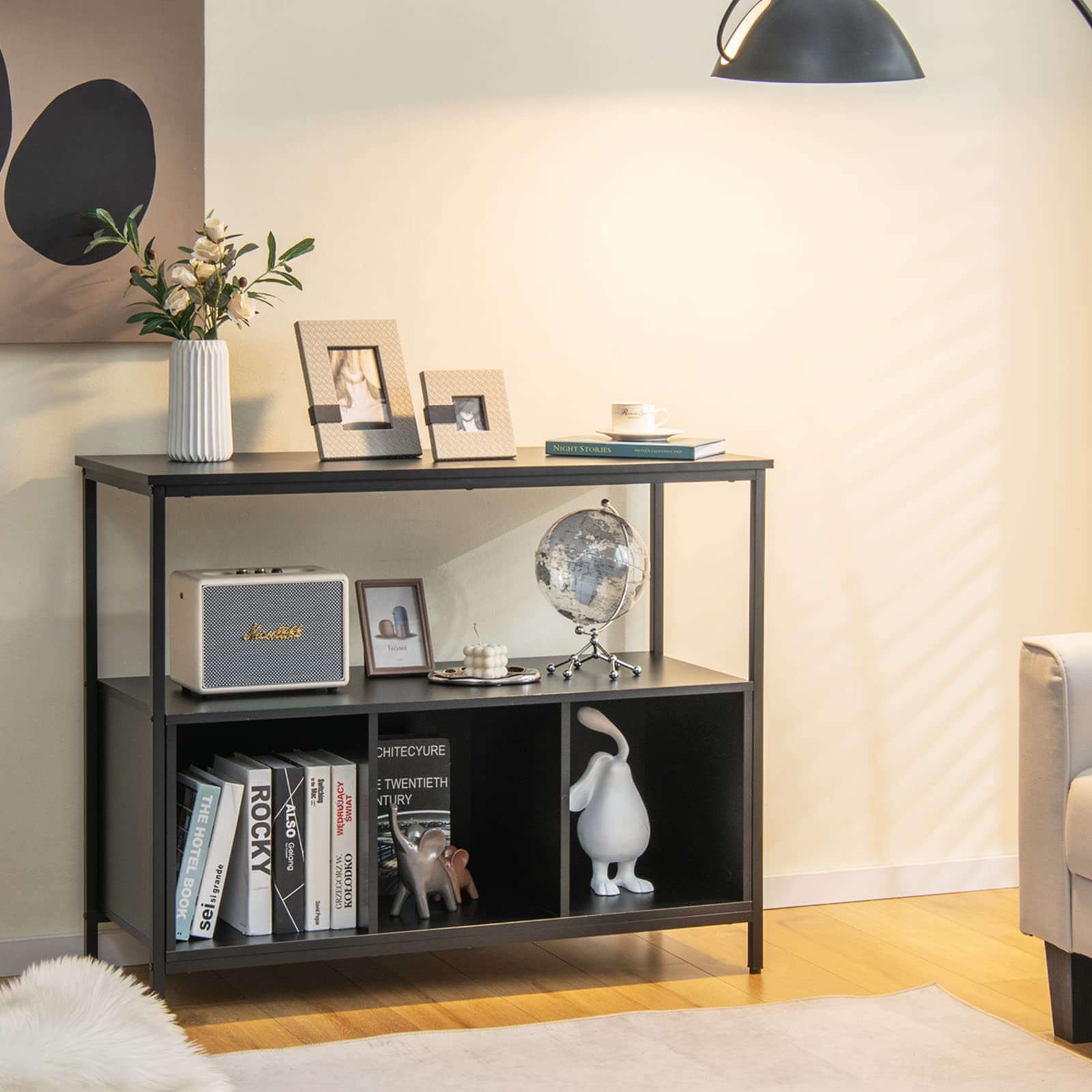 Giantex Buffet Sideboard, Wooden Cupboard, Kitchen Pantry w/Spacious Countertop, Large Open Shelf, 3 Cube Storage Cabinet, Sturdy Rustproof Steel Frame, Modern Stationary Island, Black