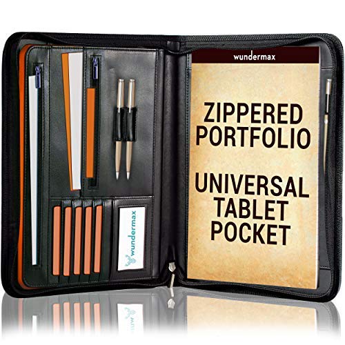 Wundermax Portfolio Binders for Women & Men - 10 Inch Leather Padfolio Business Planner & Notebook Organizer w/Zipper - Holder for Tablets, Notepads, Resumes, Documents - Black