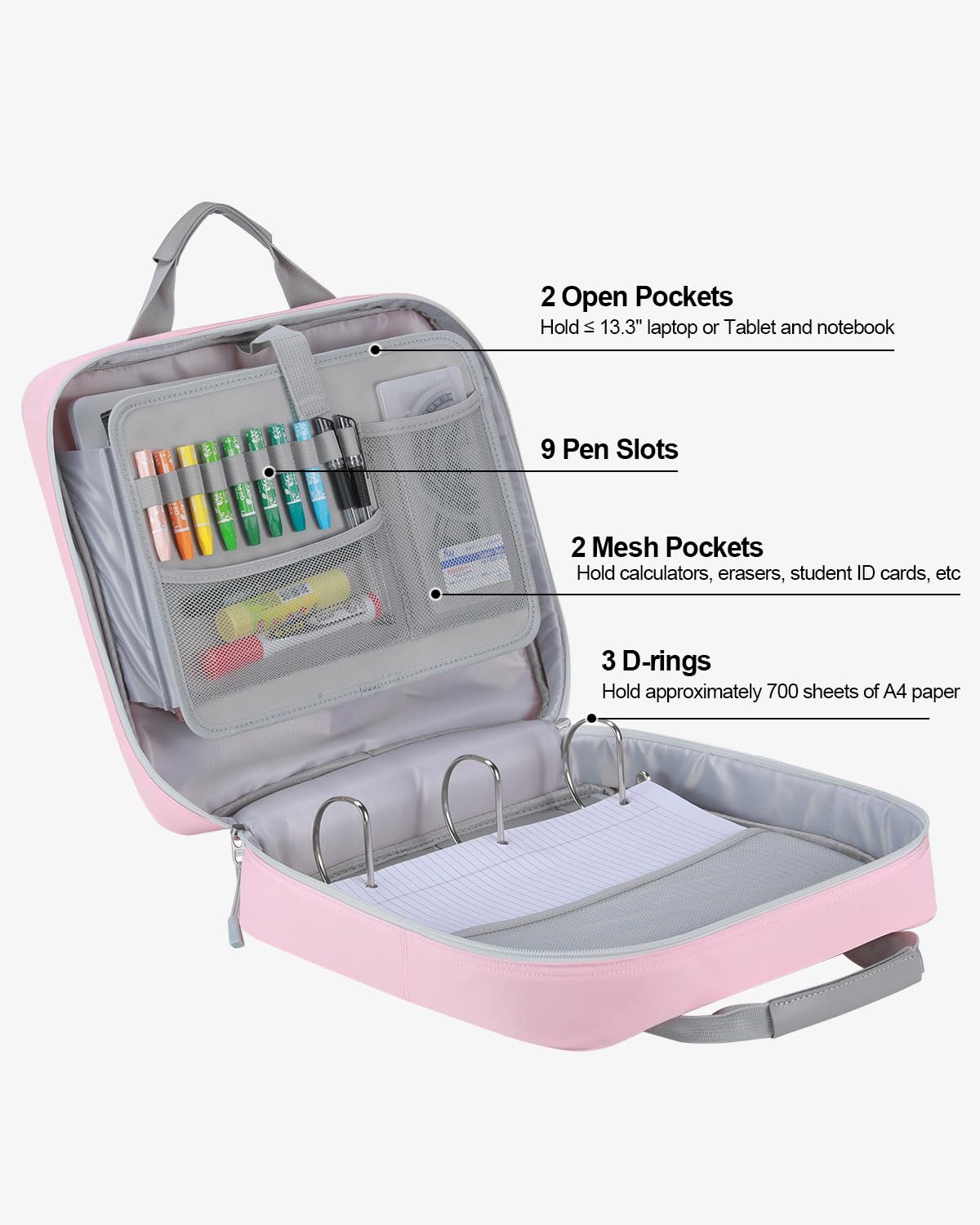 egiant 3 Inch 3 Ring Zipper Binder with Shoulder Strap & Durable Handle & Multi-Pocket - 3" Binder with Zipper for School Girl & Boy,Compatible with 13-Inch MacBook/Tablet-Patent Design Pink